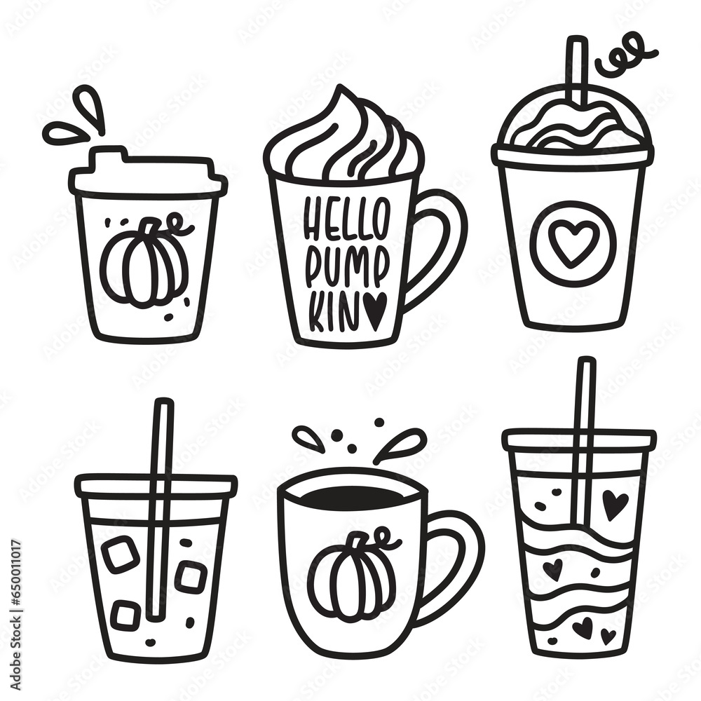 Fall pumpkin spice latte coffee drink outline drawing vector ...