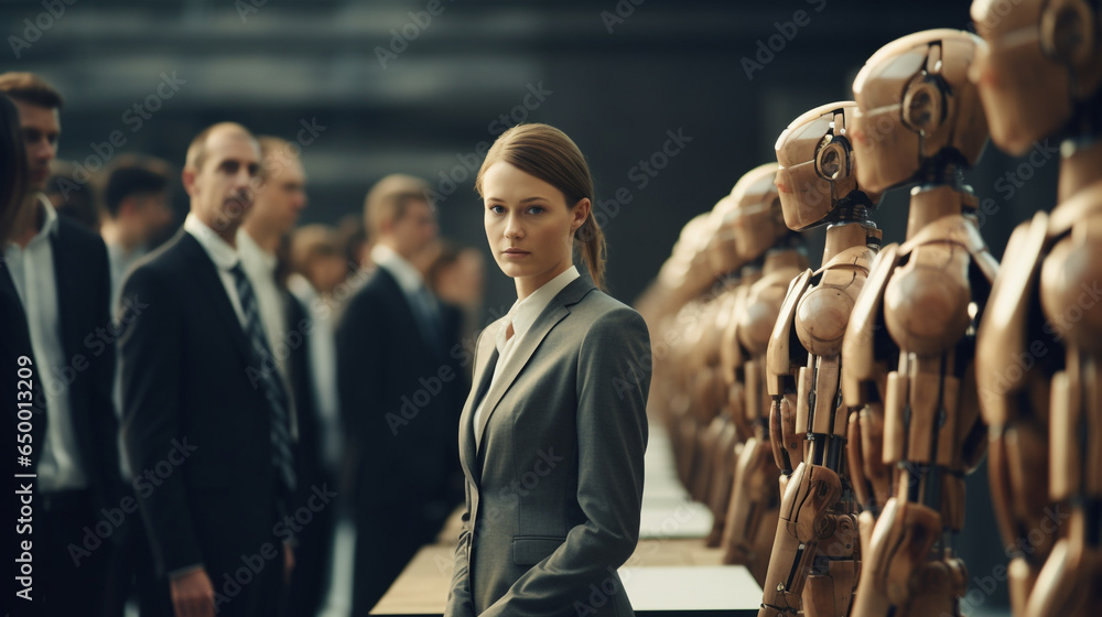 Female CEO with Human and AI Team in a Futuristic Corporate Setting ...