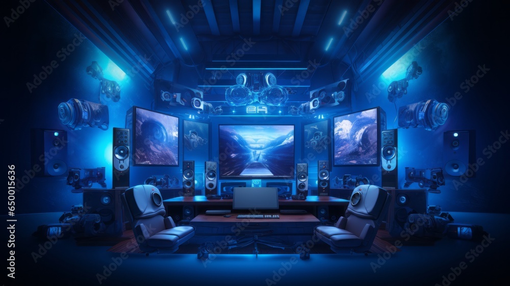 A gaming setup with consoles, controllers, and a large TV screen ...