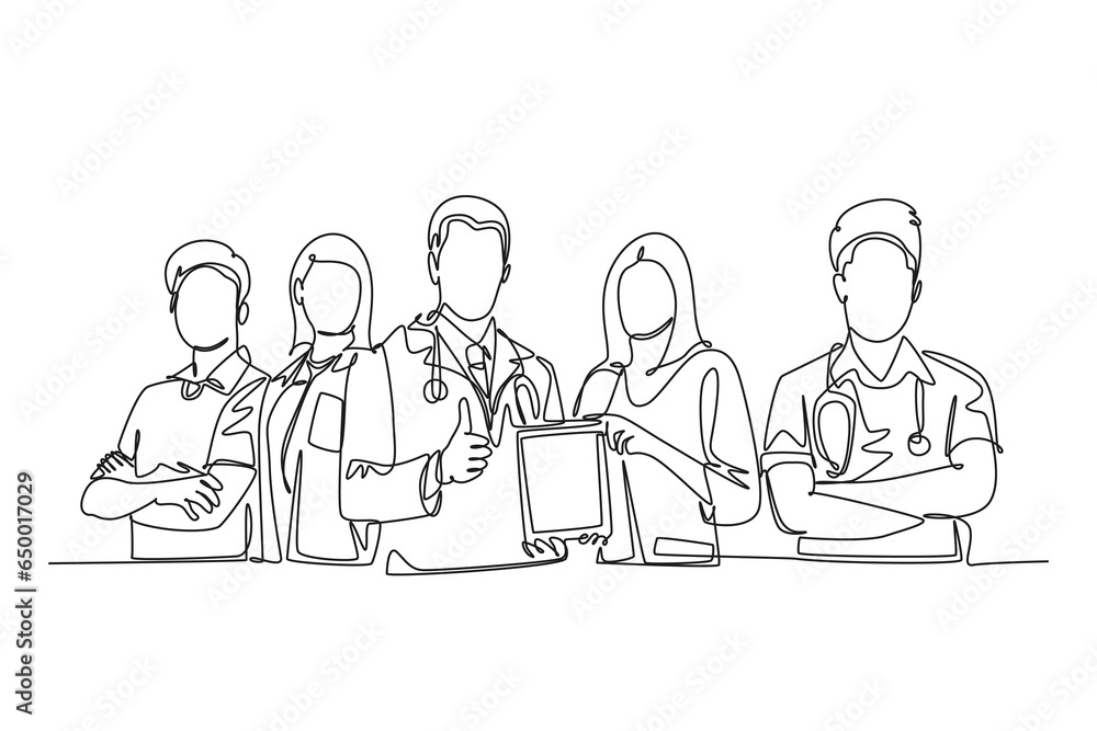 Single one line drawing group of young happy doctor giving thumbs up ...