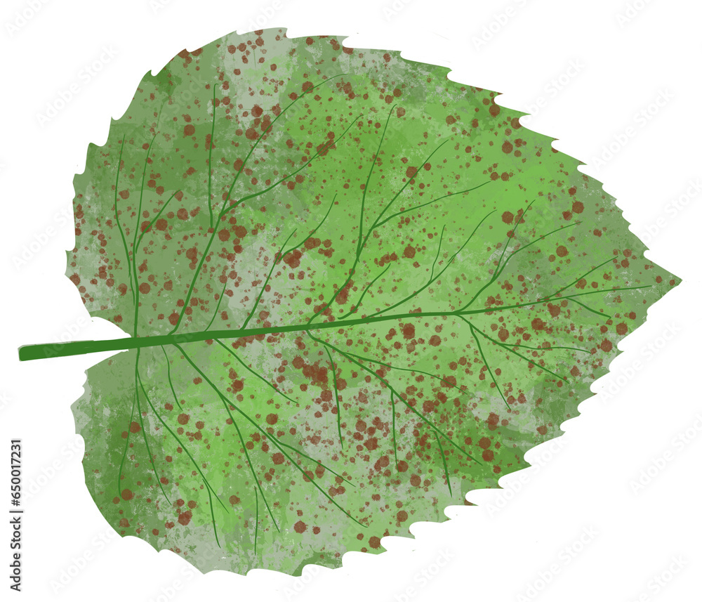 Detailed botanical illustration depicting green leaves afflicted by ...