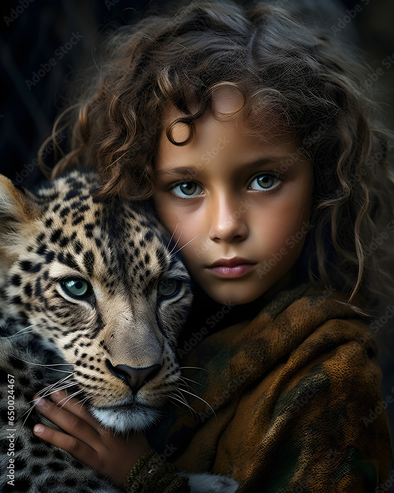 Courageous girl with persian leopard hugging each other Stock Photo ...