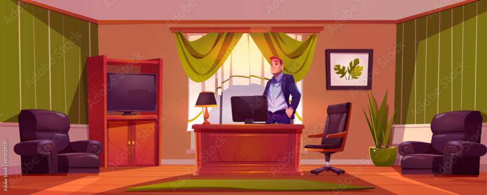 School principal office room with desk cartoon vector background. Man ...