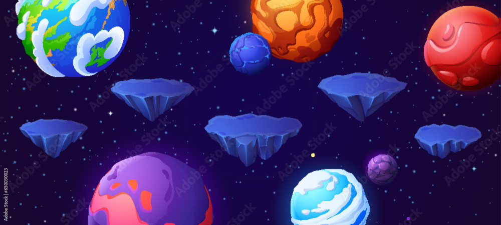 Floating platform space game level ui background. 2d planet in galaxy ...