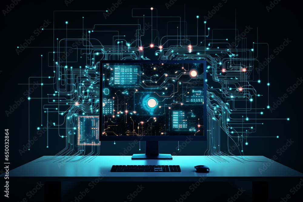 A computer monitor displaying AI algorithms and neural networks, indicating AI technology in ...