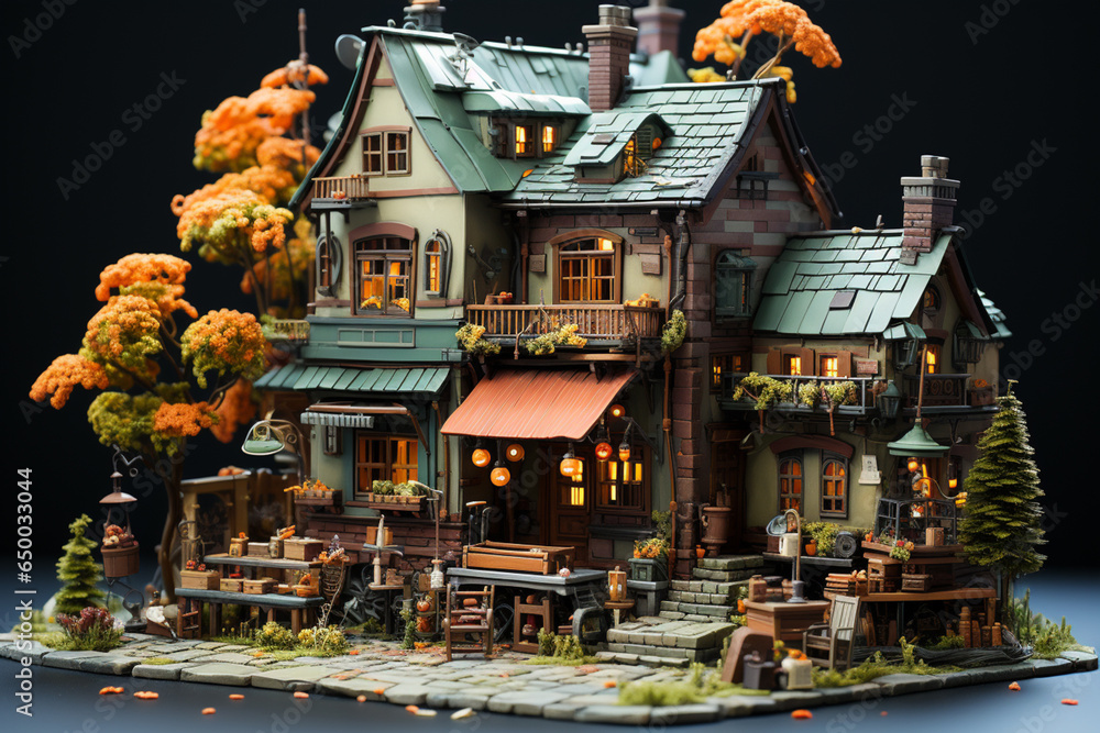 A wooden toy train station complete with miniature benches and signs ...