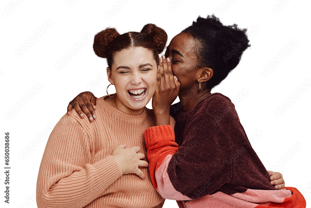 Friends, gossip and women laughing together at secret joke on png ...
