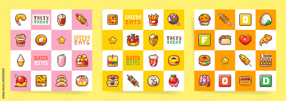 Set of Retro Pixel Art Patterns with Tasty Sweet and Fast Food. 8 bit ...