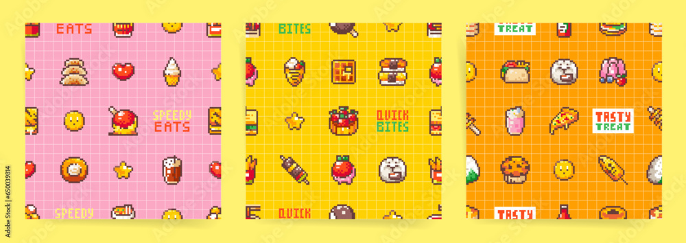 Retro Pixel Seamless Food Pattern Set Inspired by 80s-90s Arcade Game ...