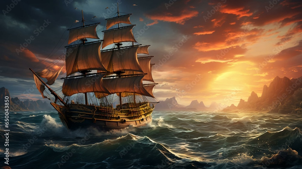 An old sailing ship with high masts that uses a sail and the power of ...
