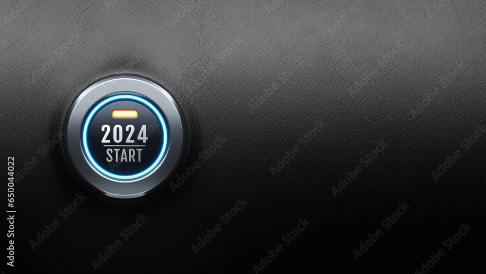 Start engine car button on black leather, happy new year 2024 start new ...