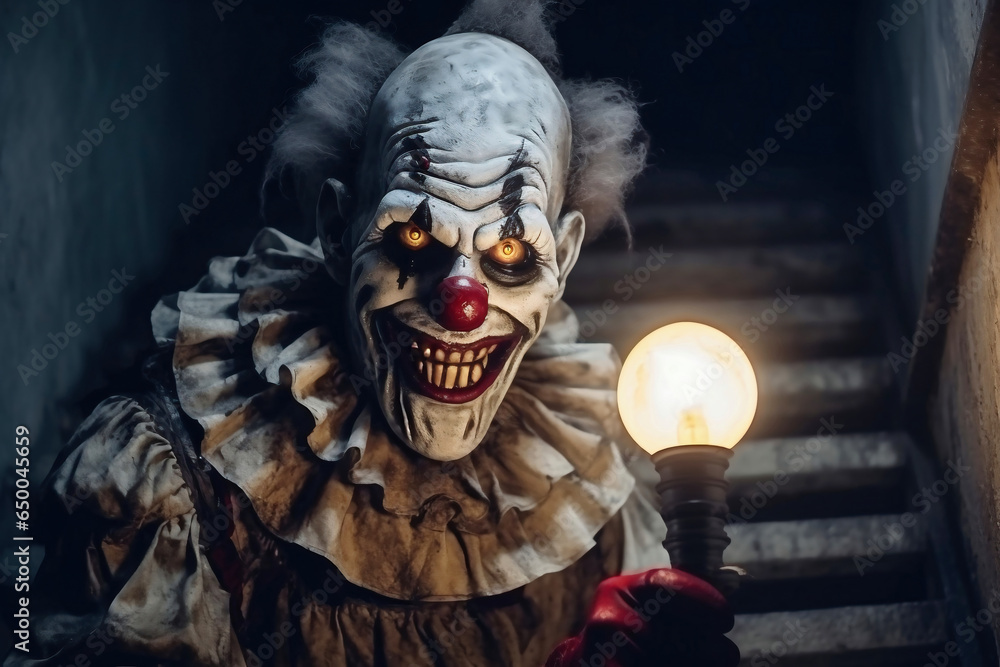 Creepy clown for halloween, holding a lit candle or lamp in a dark room ...