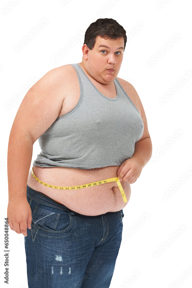 Plus size, portrait and tape measure on stomach of man with weight loss ...