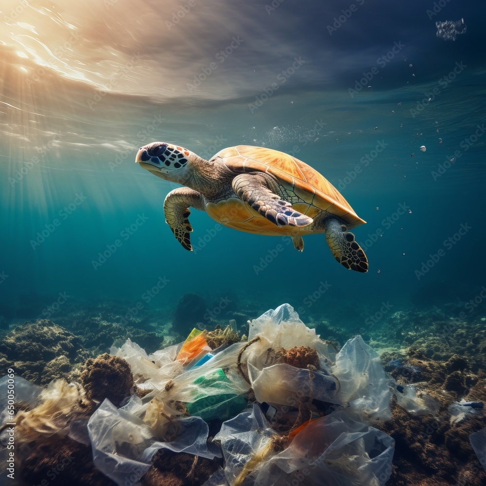Plastic pollution in the ocean. Turtle eating plastic. Turtle swimming ...
