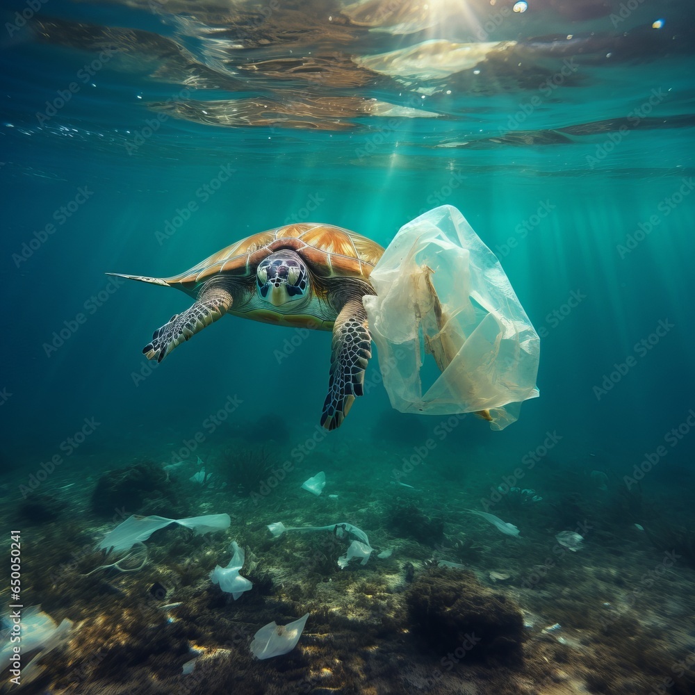 Plastic pollution in ocean. Turtle eating plastic. Turtle swimming ...