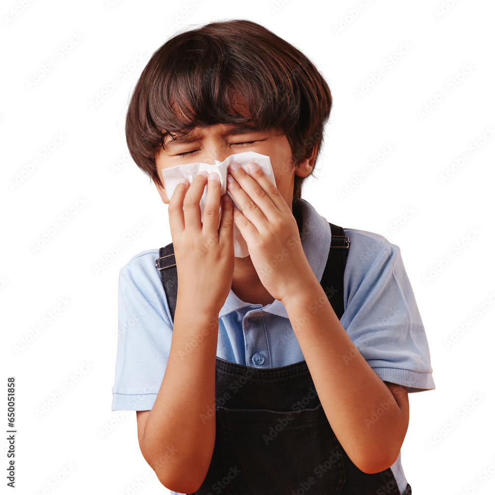Sick, blowing nose or kid with napkin for allergies, illness and sneezing. isolated on ...