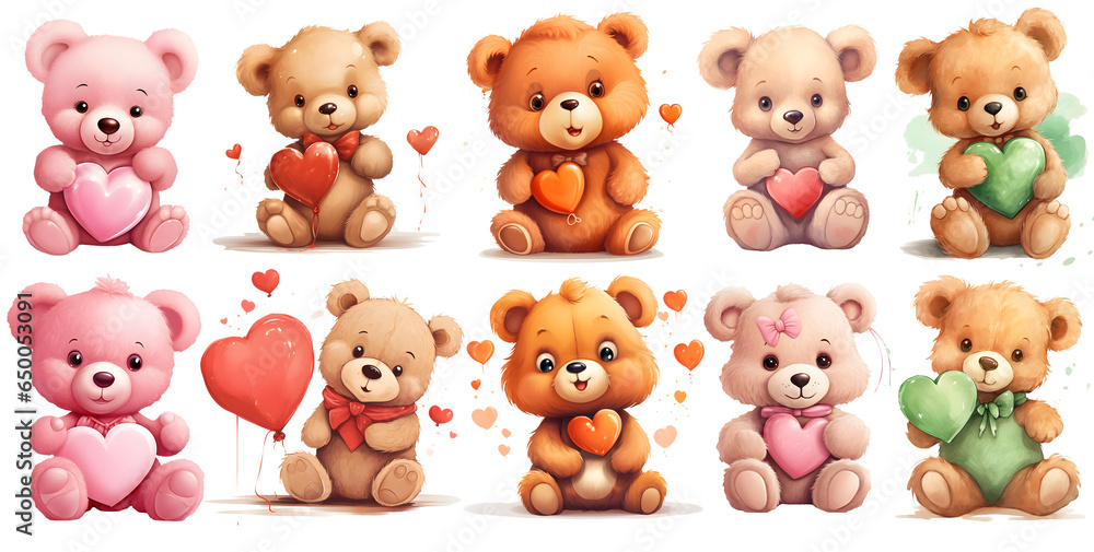 set of cute teddy bear with heart Sticker, Clipart, on transparent ...