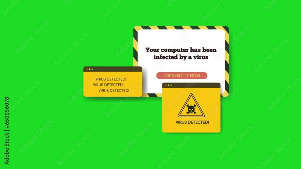 computer virus detected warning pop up messages green screen concept ...