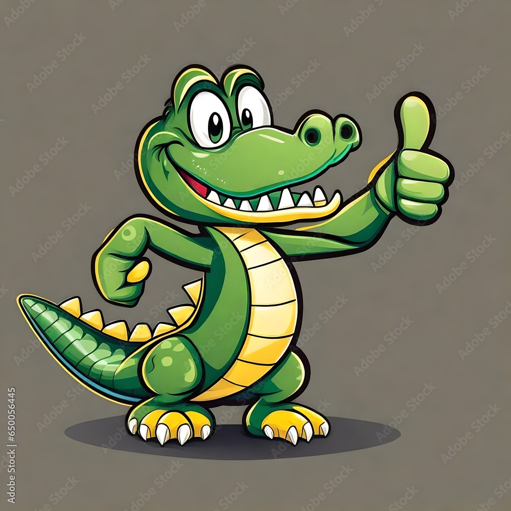 A cute happy cartoon illustration of a green and yellow alligator ...