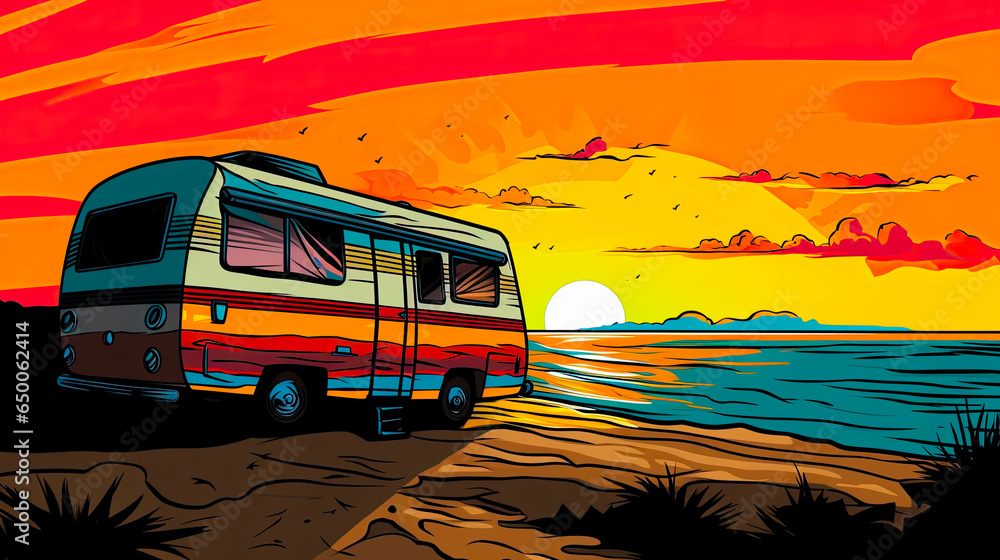 Camper or RV motor home during sunset. Colorful art design with bold ...