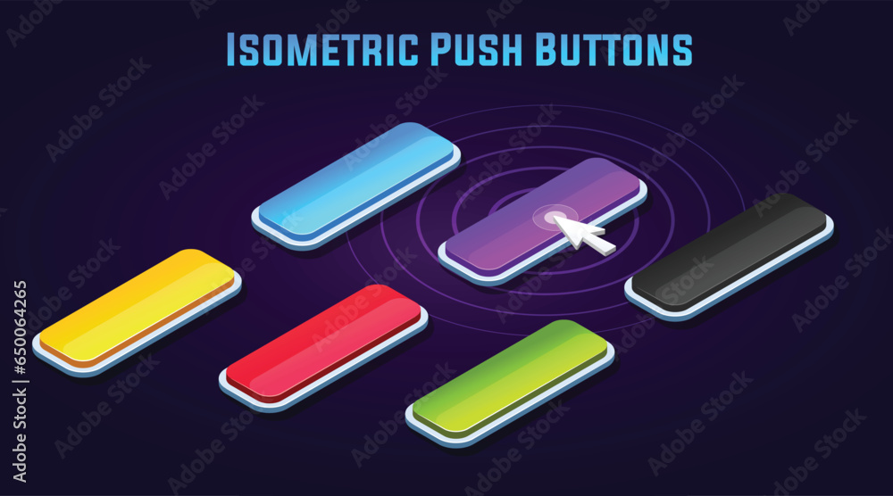 Different isometric buttons in red, blue, green, purple,yellow and ...