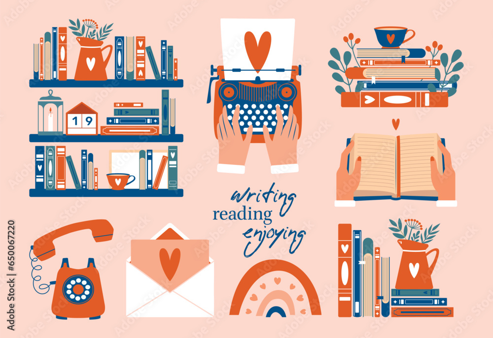 Cute collection of vector illustrations with stack of books, typewriter ...