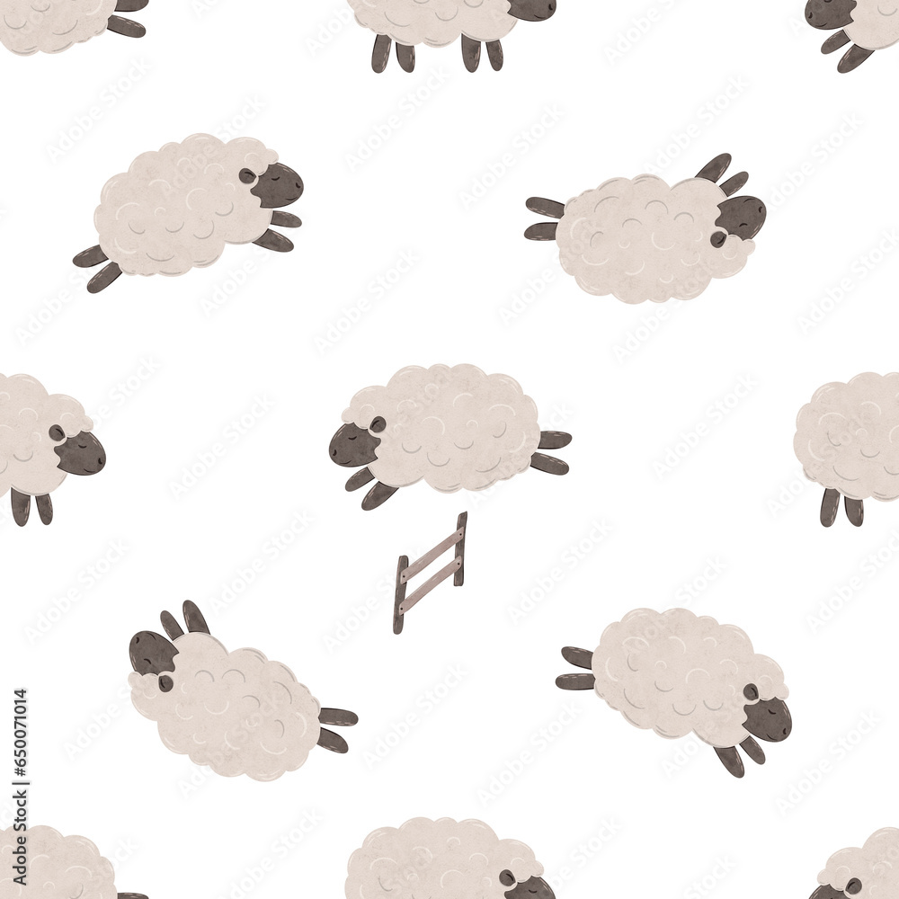 Seamless pattern with Cute cartoon baby Sheep jumping over the fence ...