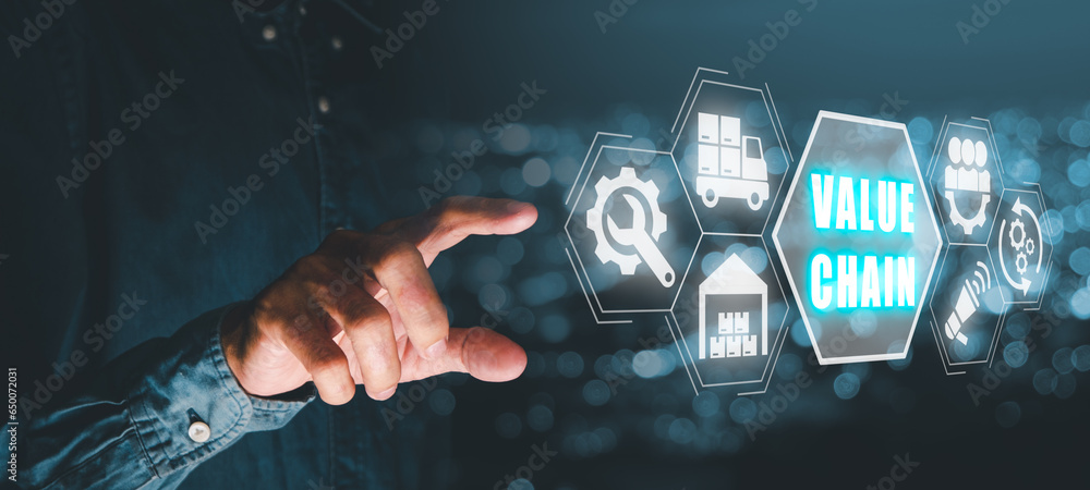 Value chain concept, Businessman hand touching value chain icon on ...