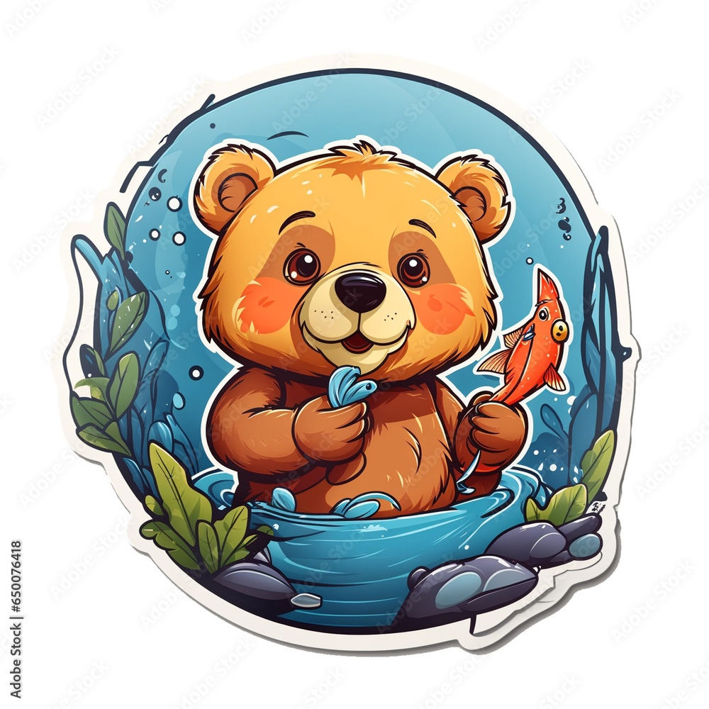 Little Cub Eating Fish. Clipart Sticker. Isolated, Transparent ...