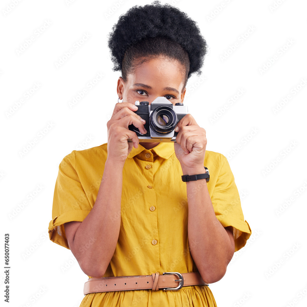 Photography, portrait and black woman with retro camera isolated on a ...