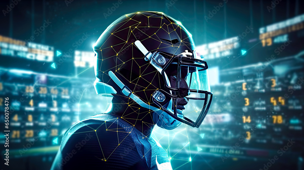 Powered American football player with analytics graphic over his helmet ...