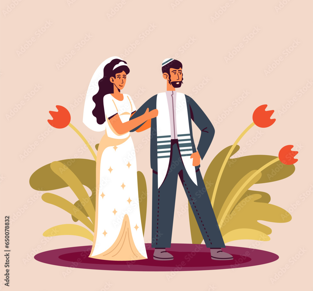 Jew and Jewess in wedding attire stand together. Jewish wedding concept ...