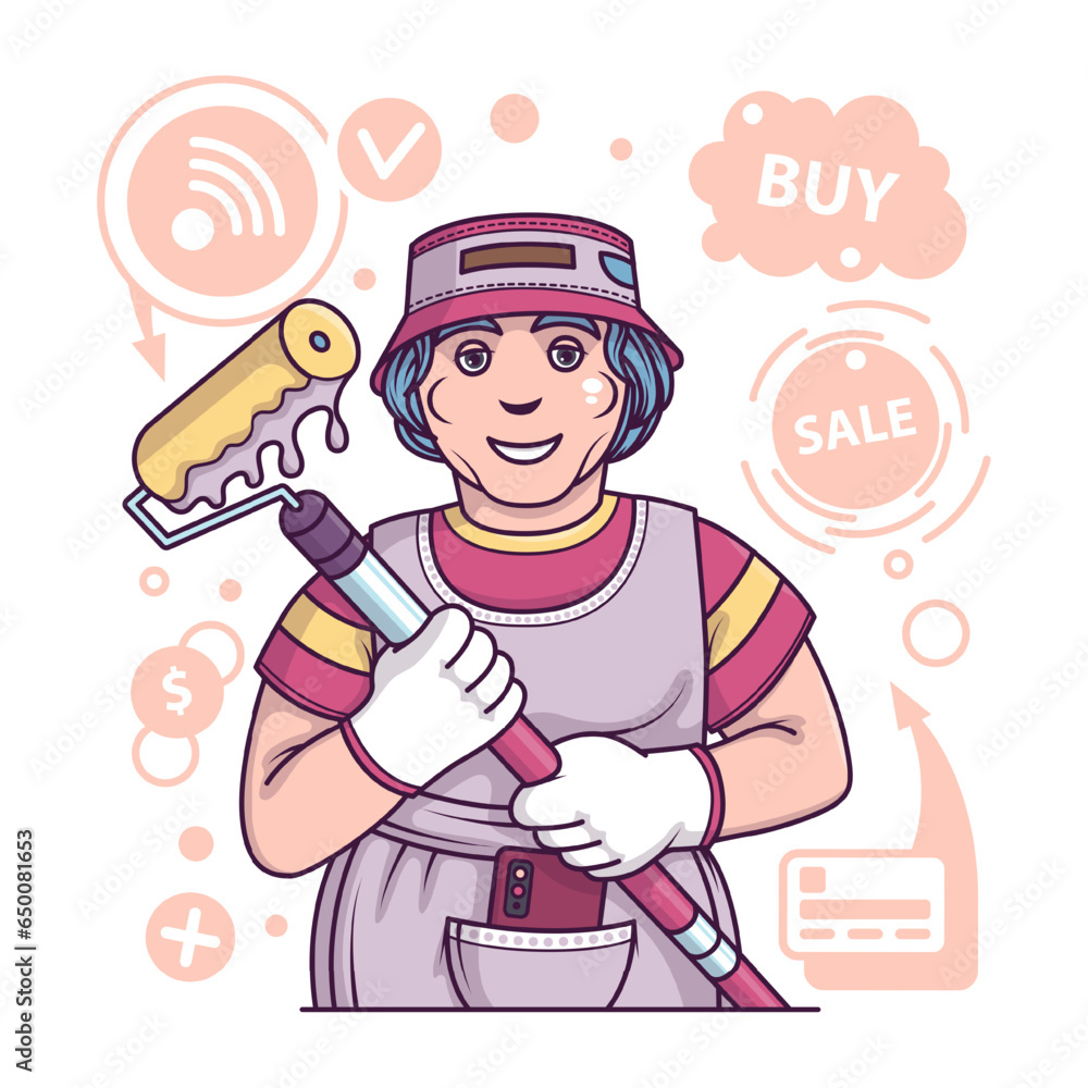 Old lady bout paint roller, ready for work. Online store for builders ...