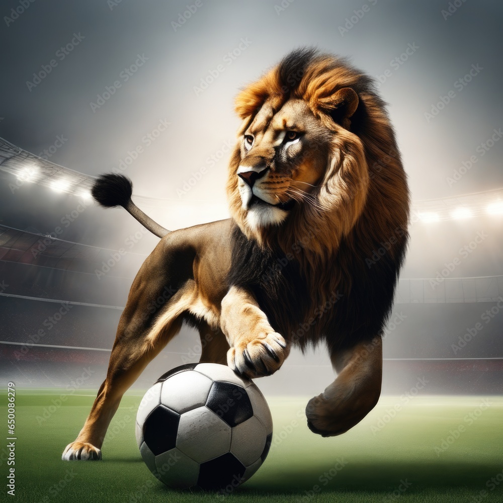 Beautiful lion with soccer ball, furious lion in stadium background ...