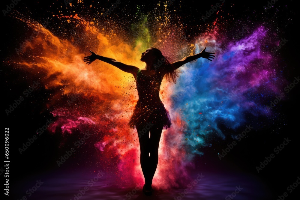 Silhouette of a beautiful young woman dancing against colorful powder ...