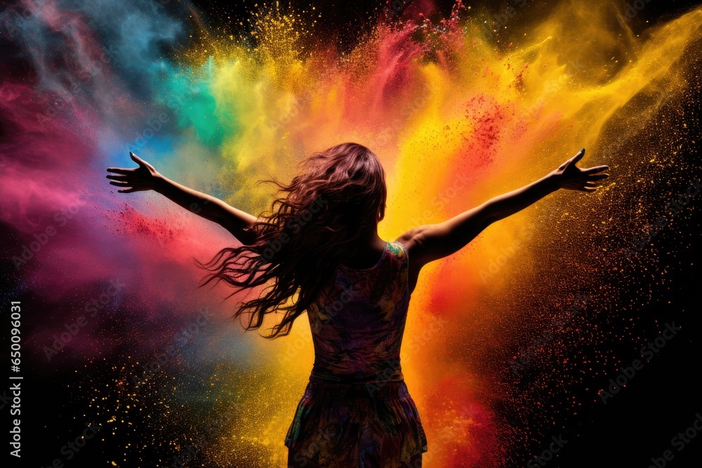 Beautiful young woman dancing in color powder explosion on black ...