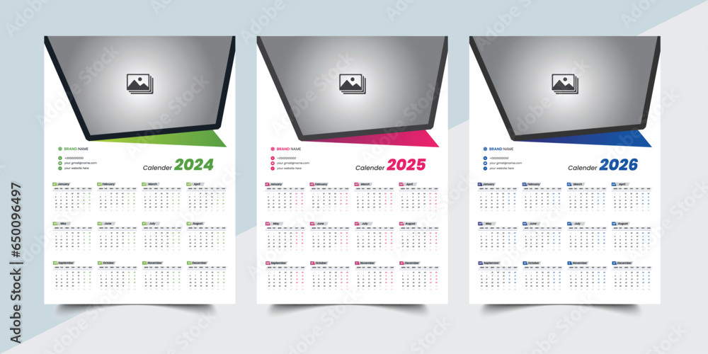 2024, 2025 and 2026 calendar design, Week start wednesday, Simple ...