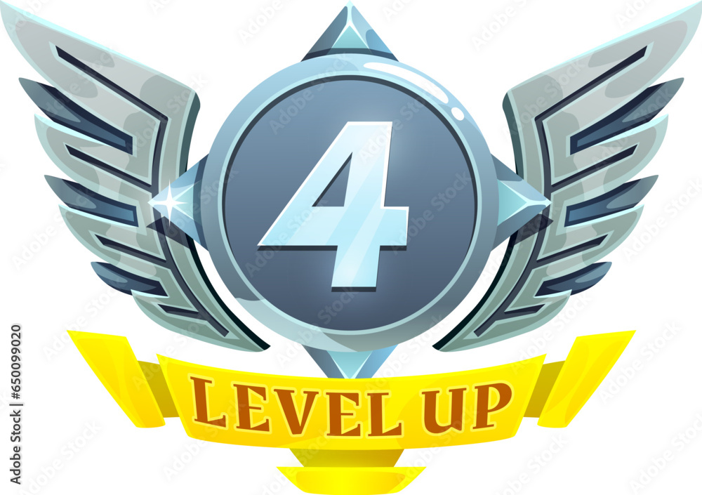 Game interface level up metal badge, steel win icon with wings, vector ...