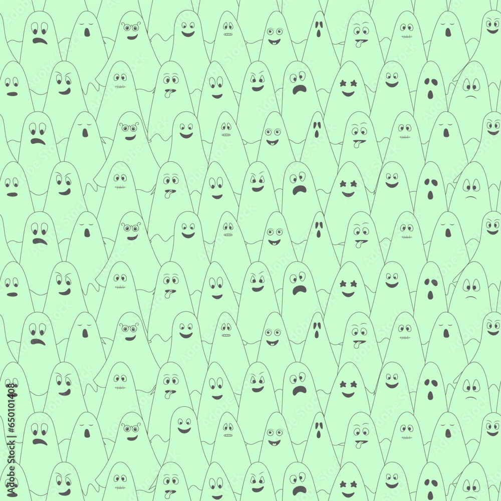Ghosts. Green spirit. Ghosts with different grimaces. Seamless vector ...