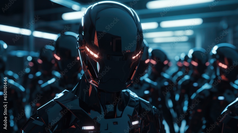 Combat robot in military metal armor. Futuristic cyborg security guard ...