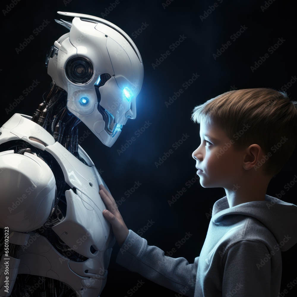 Communication between a child and his robot friend. Cyborg teacher with ...