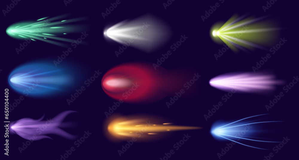 Meteors and comets. Set of neon space flying meteorites and asteroids ...