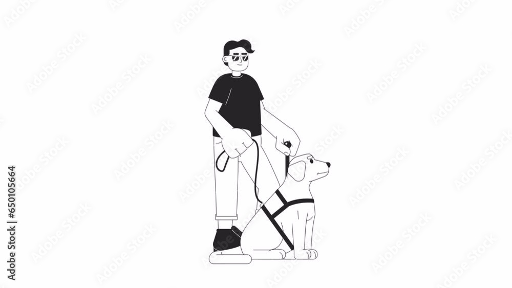 Blind man with guide dog bw 2D character animation. Visual impairment ...