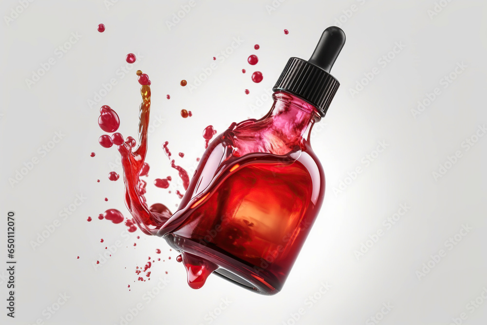 REd face serum with splash on white background, an essential oil in a ...