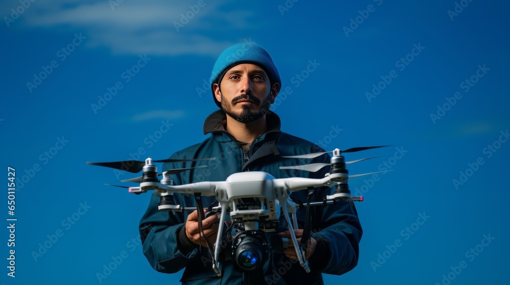 Mastering the Drone: Skilled Male Operator with Drone and Remote on Sky ...