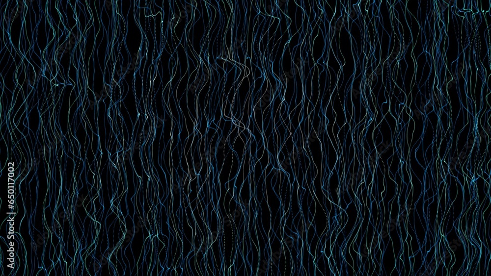 A vertical stream of blue wriggling threads on a black background ...