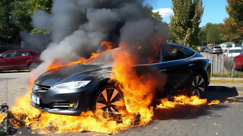 Electric car EV who's vehicle lithium battery is on fire causing a ...