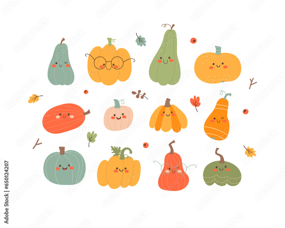 Cartoon fall set with various cute smiling pumpkin characters. Vector ...