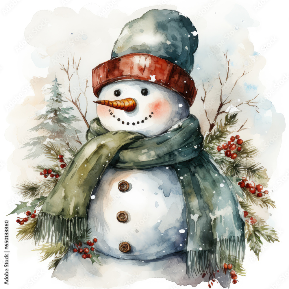 watercolor Snowman clipart, Generative Ai Stock Illustration | Adobe Stock
