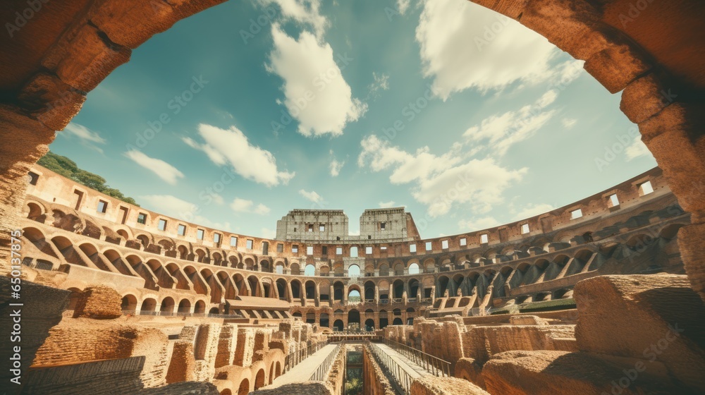 Colosseum in the daytime, seen from the inside. Roman Empire's famous ...